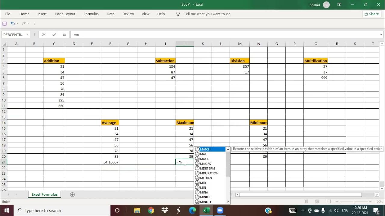 MS Excel Basic Formulas | Excel formulas for Begginers - YouTube