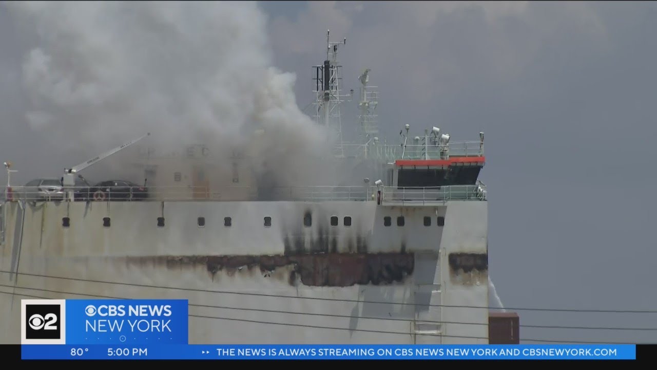 Fire on cargo ship in Newark still burning after over 40 hours - YouTube