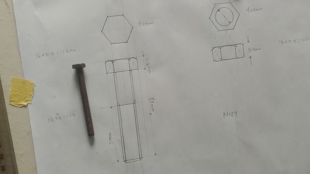 How to Draw Bolt and Nut in Third Angle Orthographic Projection | Step ...
