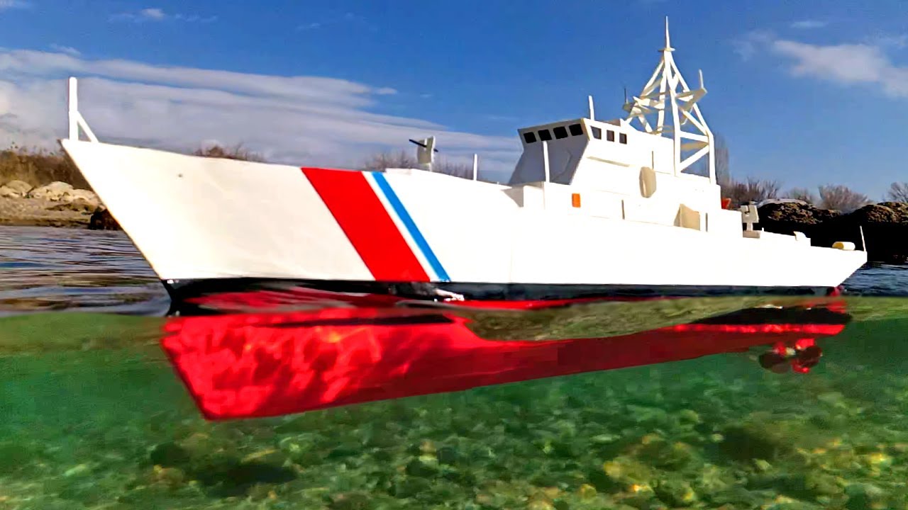 RC cardboard ship on patrol, DIY model of a coast guard ship goes to ...