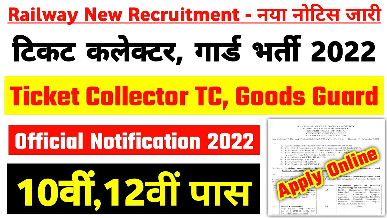 Railway TC, TTE Ticket Collector Goods Guard Recruitment 2022 Railway ...