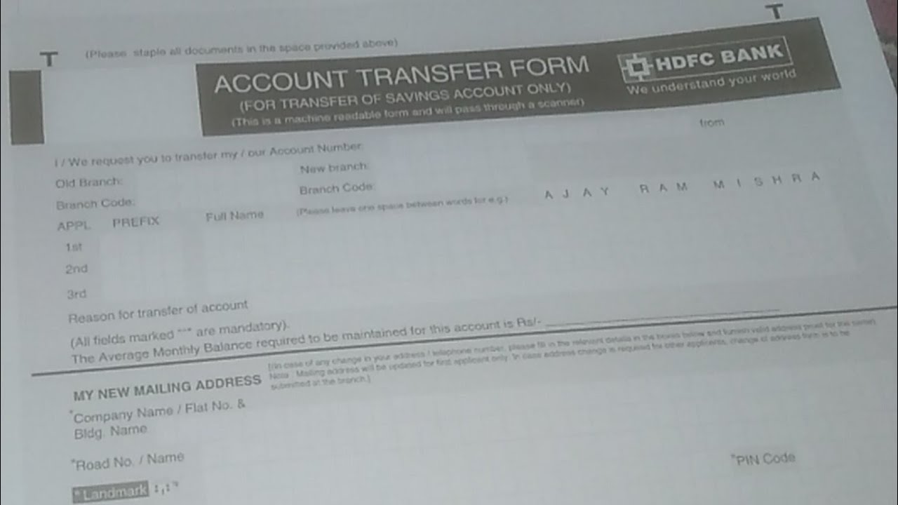 How To Fill HDFC Bank Account Transfer Form | HDFC Bank ka Account ...