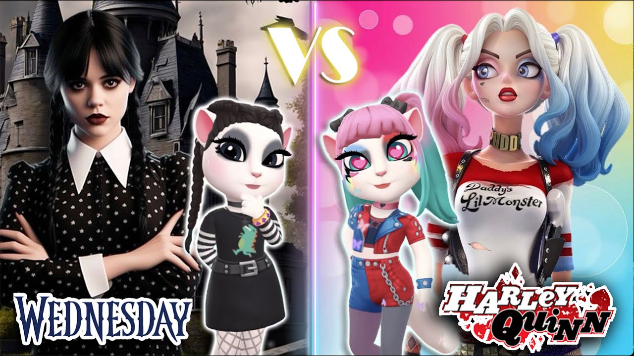 My talking Angela 2 | Wednesday vS Harley Quinn | cosplay - YouTube