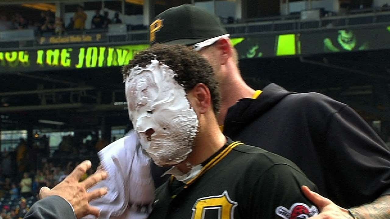 Players from around the league celebrate with pie - YouTube