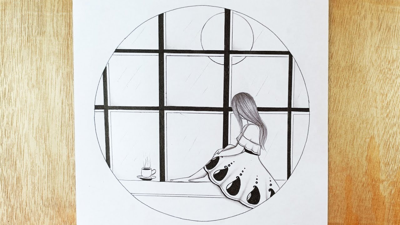 How to draw a Girl on Window with morning tea pencil Sketch | Easy ...