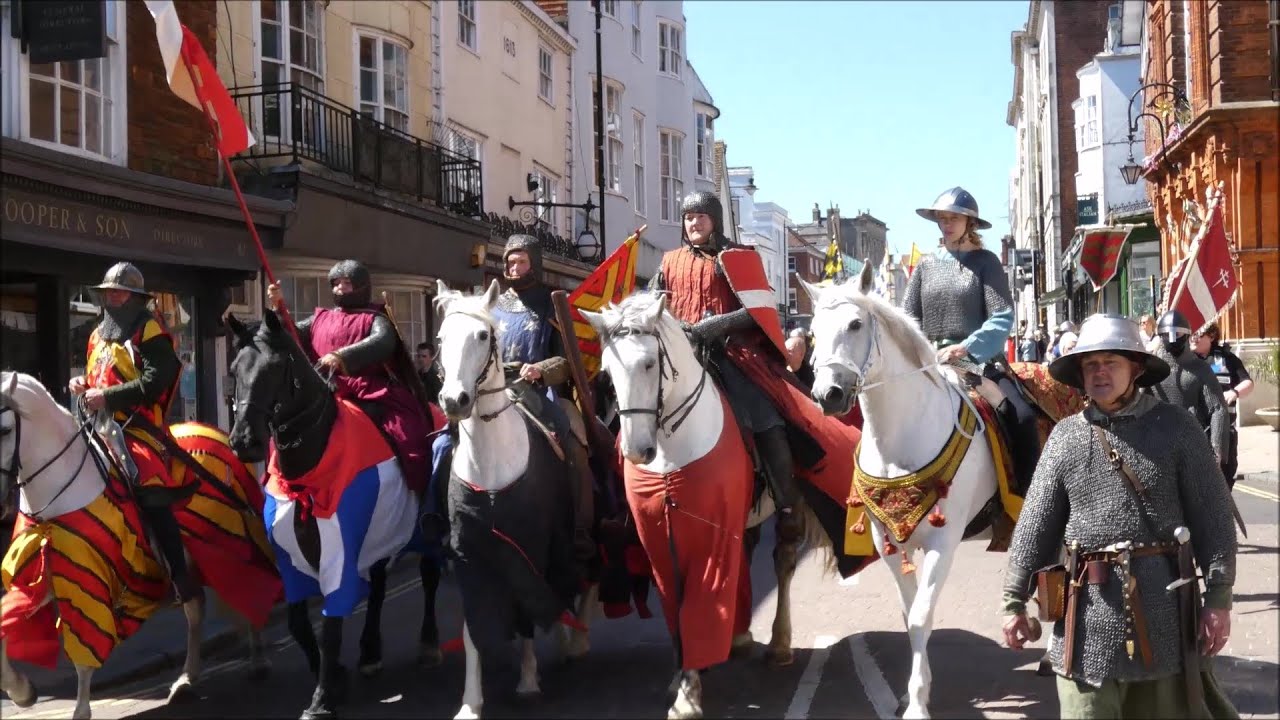 Medieval Reenactors marching through the streets of Lewes - Battle of ...