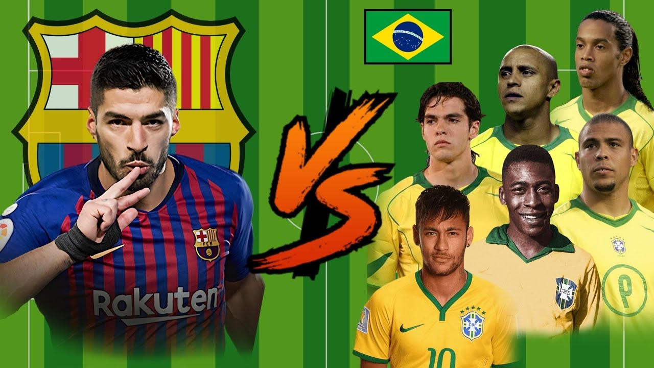 FCB Suarez 🆚 Brazil Legends💪(Pele-Ronaldinho-Neymar-R9) - YouTube