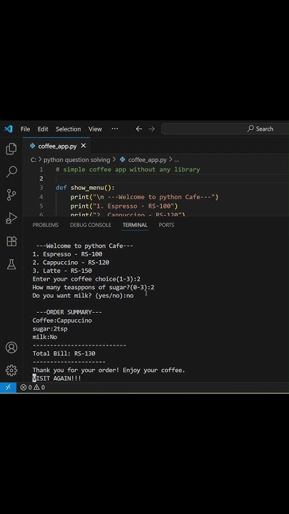 ☕Ordering coffee in python☕ |Coffee App python| #shorts#short #shortvideo#viral#music# ...