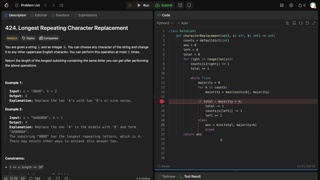 Leetcode 424 - Longest Repeating Character Replacement - Python - YouTube