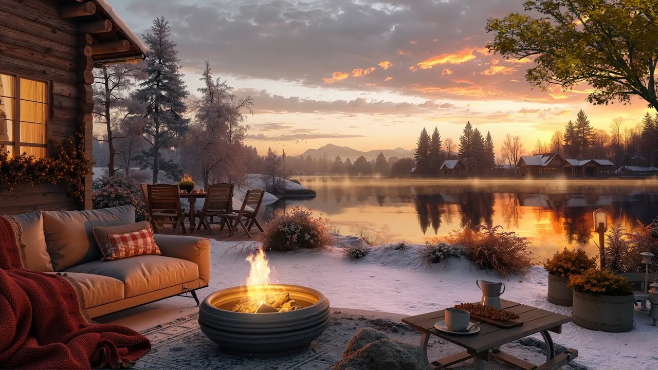 Lakefront Fire Pit Winter Ambience | Crackling Fire & Gentle Lake for ...