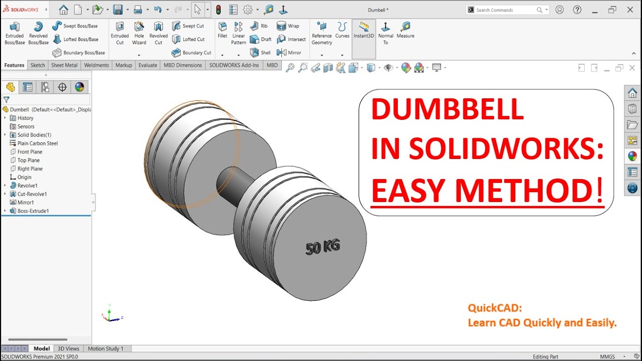How to create Dumbbell in SolidWorks | QuickCAD Tutorials | Easy Method ...