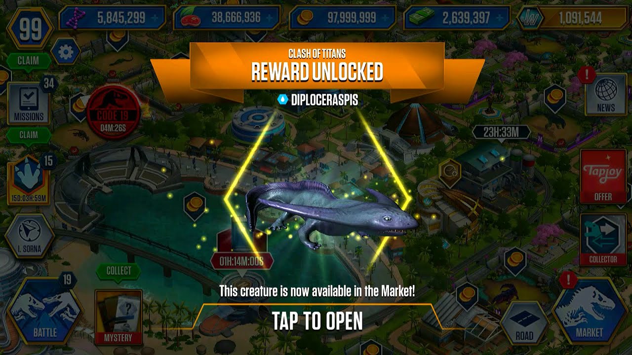 REWARD UNLOCKED DIPLOCERASPIS LEVEL 40 | JURASSIC WORLD THE GAME - YouTube