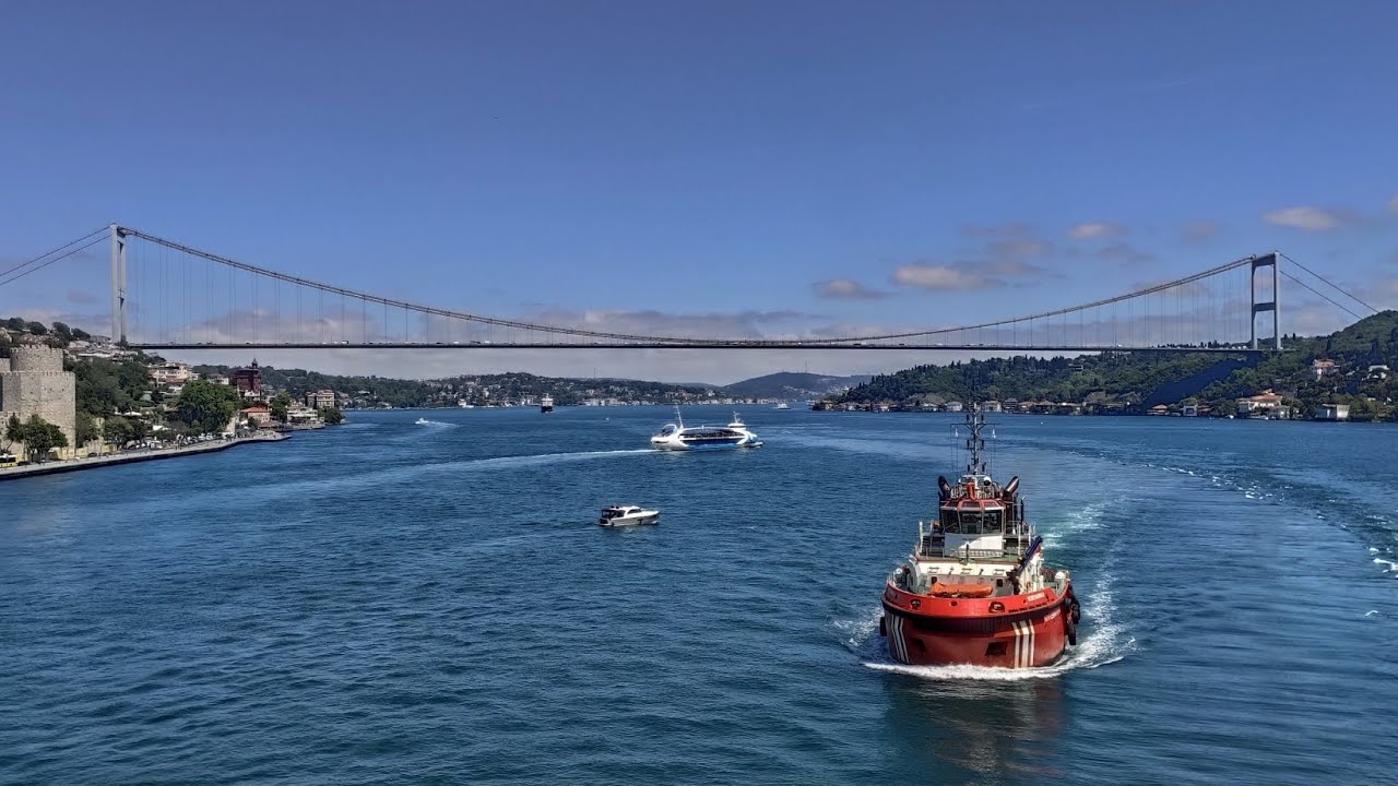 Ship transiting through Istanbul Strait, Turkey ll Passing under Bridge ...