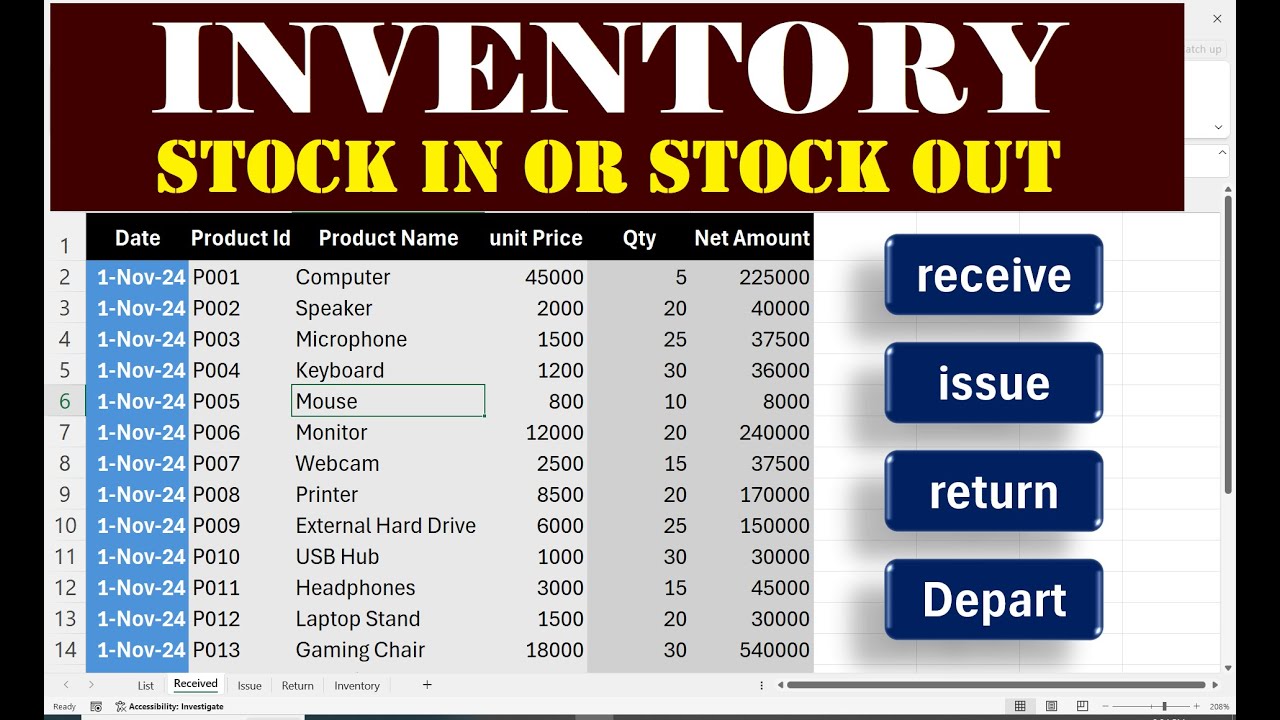 how to maintain inventory with stock in or stock out in excel - YouTube