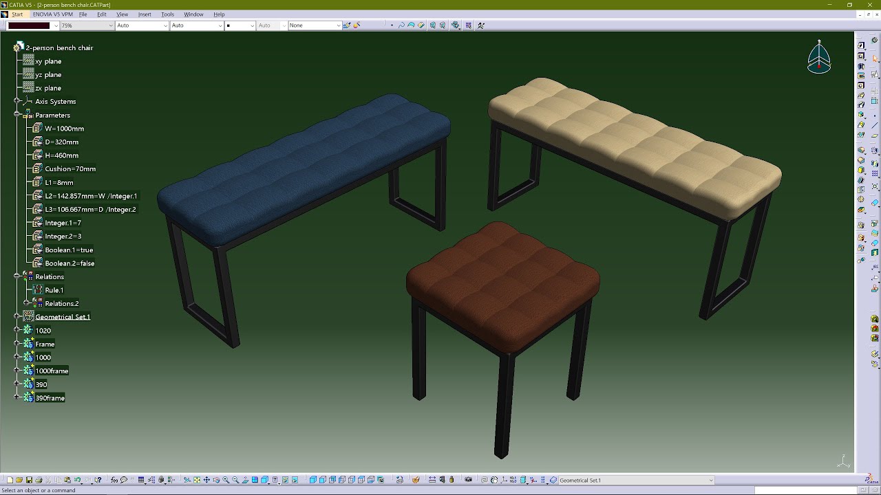 Bench chair 3D modeling auto sizing in CATIA 벤치의자 3D 모델링 자동크기조정 - YouTube