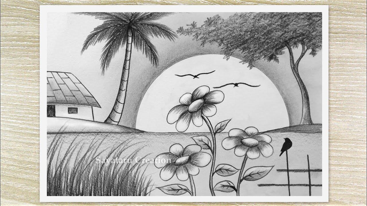 How to Draw a Sunset Scenery with Pencil Sketch, Easy Pencil Drawing ...