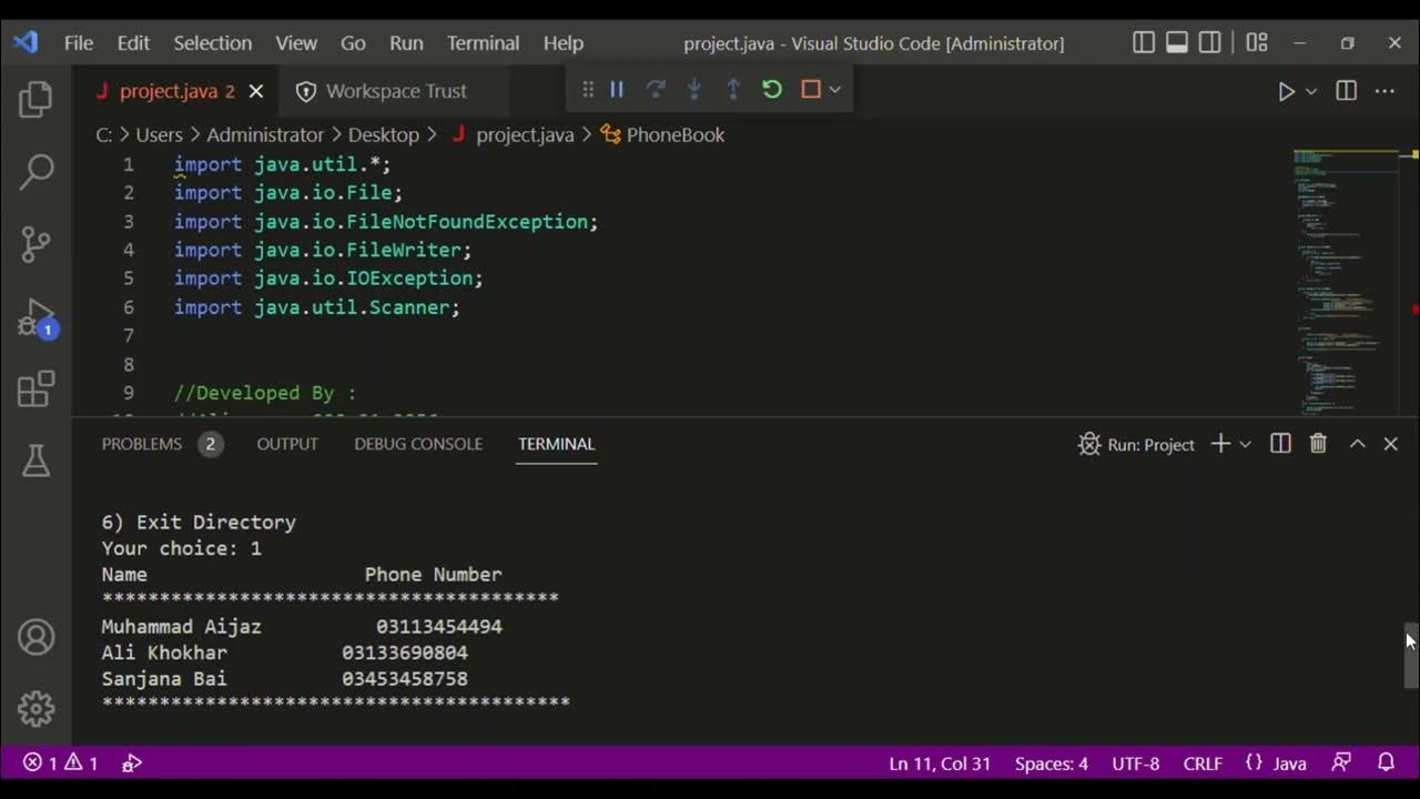 Phone directory using Data Structure in java semester project - YouTube