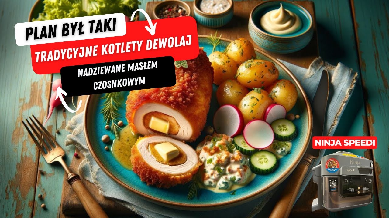 Tradycyjne kotlety Dewolaj nadziewane masłem czosnkowym z koperkiem i ...