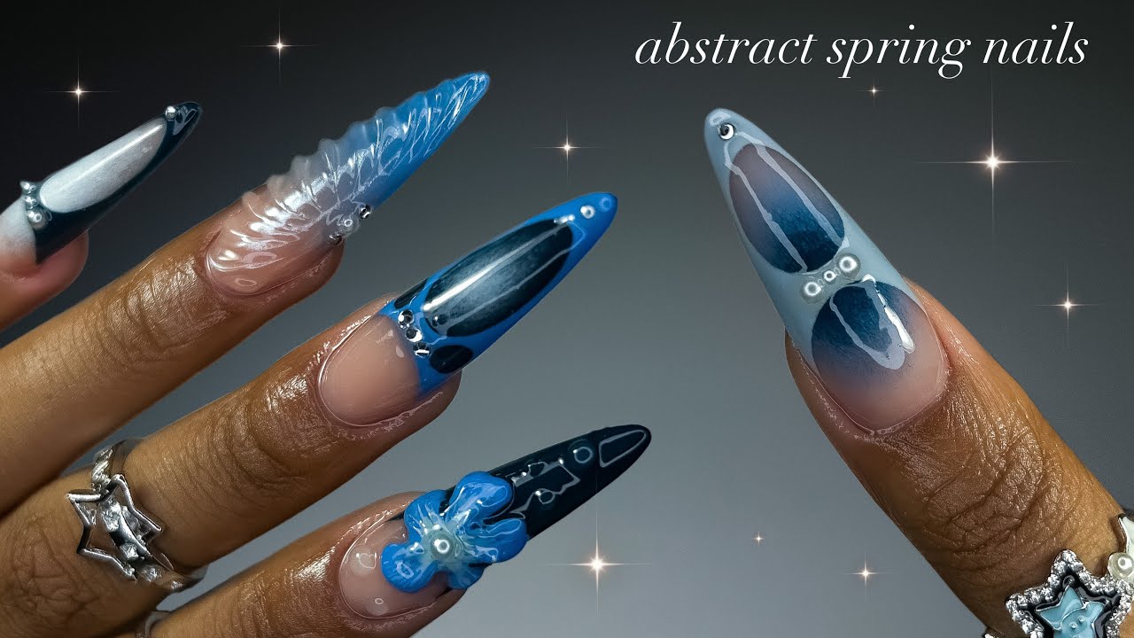 Blue Abstract Spring Nails🌀🩵 | almond nails + intricate nail art! - YouTube