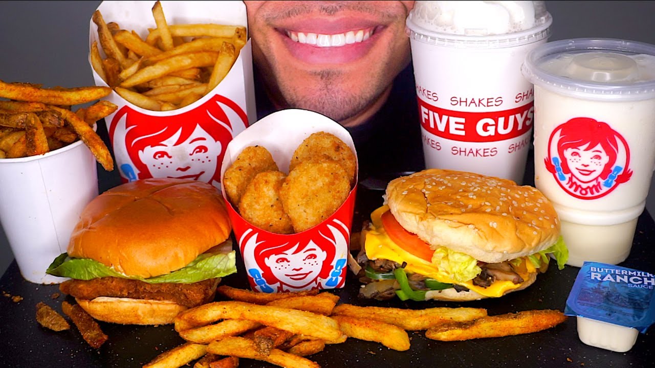 ASMR FIVE GUYS VS WENDY'S MUKBANG CHICKEN NUGGETS FROSTY CHEESEBURGER ...