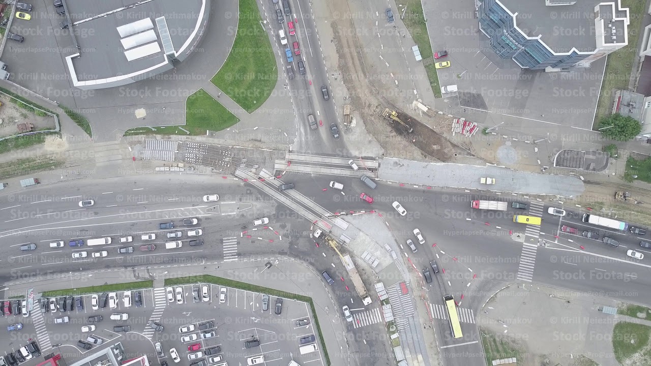 Road reconstruction with tram rails intersection, construction site ...