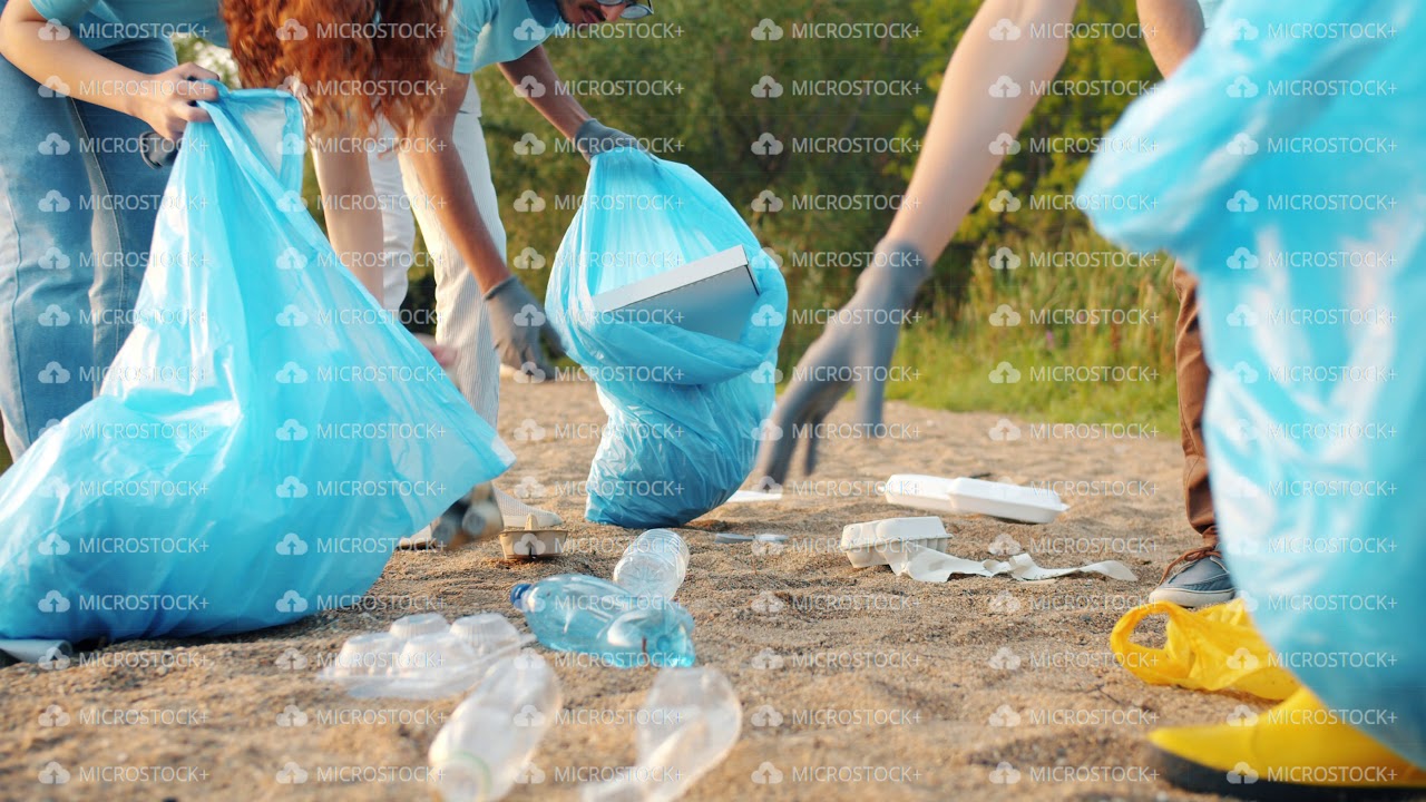 Low shot of youth volunteers gathering trash on the lake shore picking ...