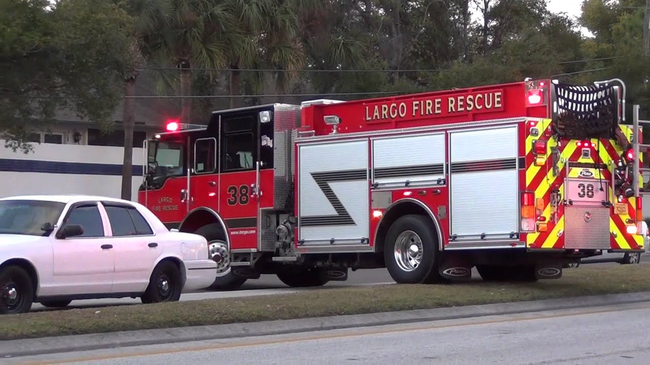 LARGO FIRES NEW SQUAD 38 RESCUE TRUCK DRIVING OVER A CURB WITH ALL 6 ...