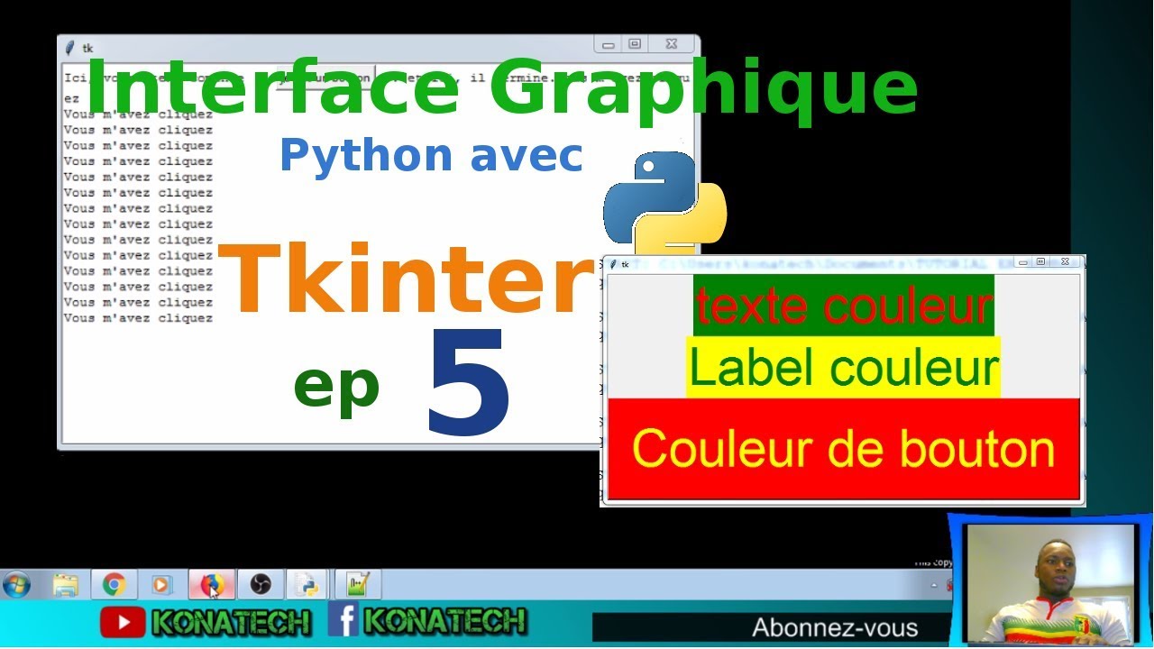 (bambara) Python GUI Tkinter 5 - couleuret taille de texte, bouton, label ... - YouTube