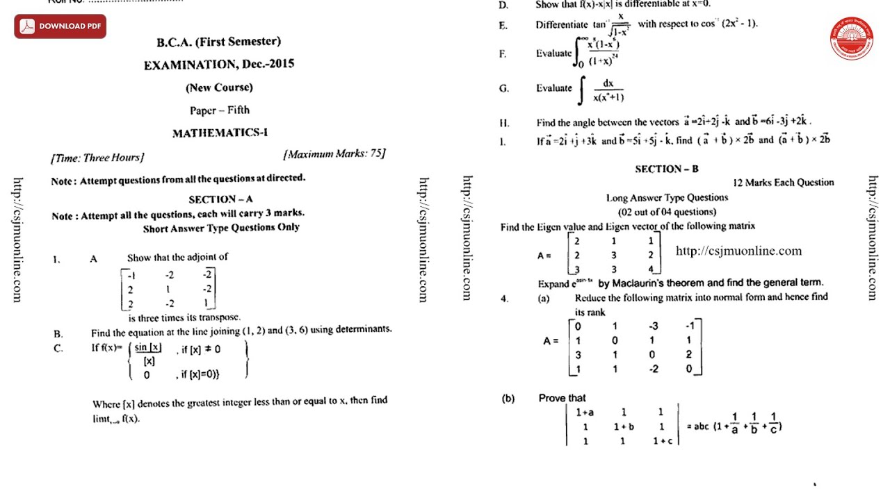 BCA 1ST SEM MATHEMATICS 1ST BCA N DEC 2015 | CSJMU - YouTube