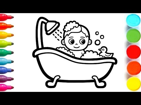 How to draw Baby In Bathtub 🛀 for Kids || Drawing Of Baby Bathing In ...