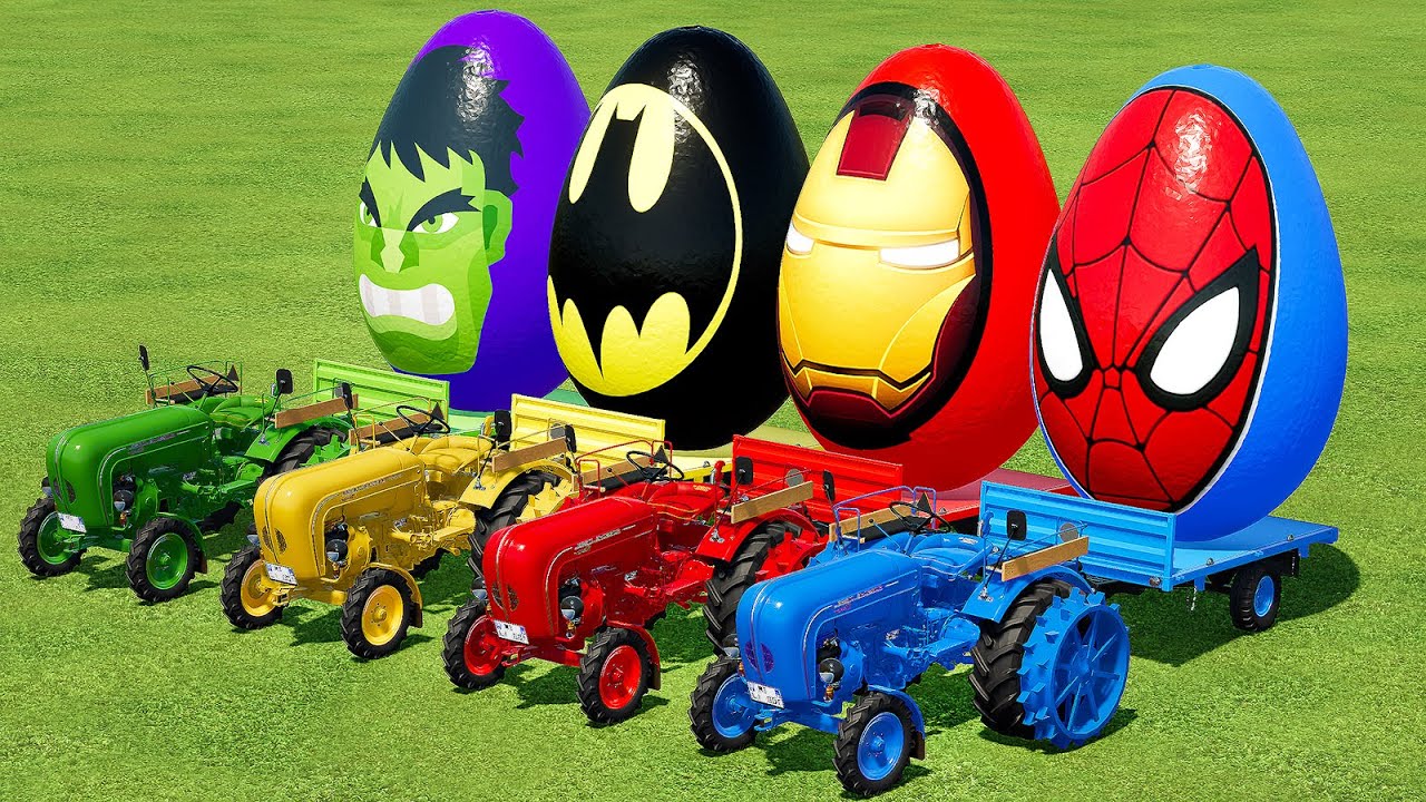 TRANSPORT SUPERHERO EGGS WITH MINI PORSCHE TRACTORS - Farming Simulator ...