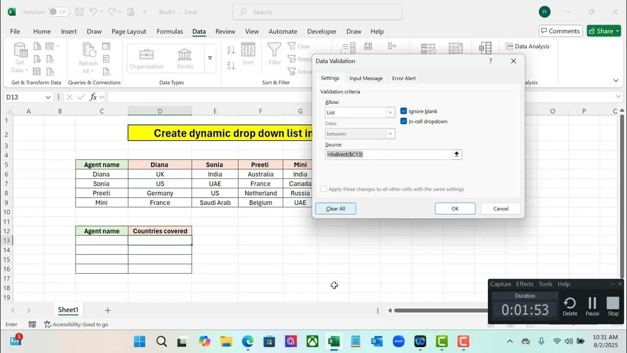 Create dynamic drop down list in Excel using Data Validation - YouTube