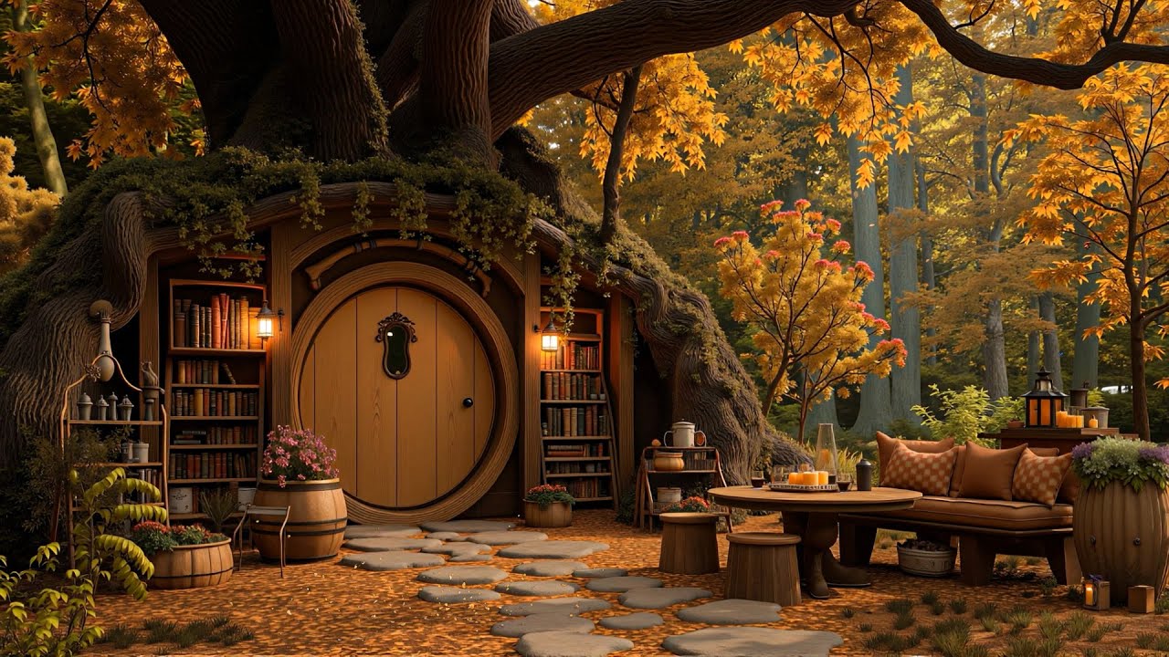 Enchanted Hobbit Tree Library in the Forest - Soft Jazz & Autumn ...