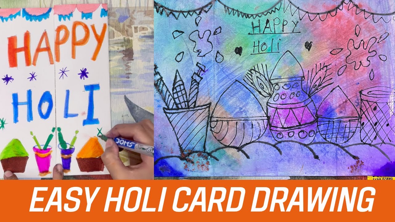 Easy Holi Card Drawing | Colorful Holi Festival Art for Beginners I इस ...