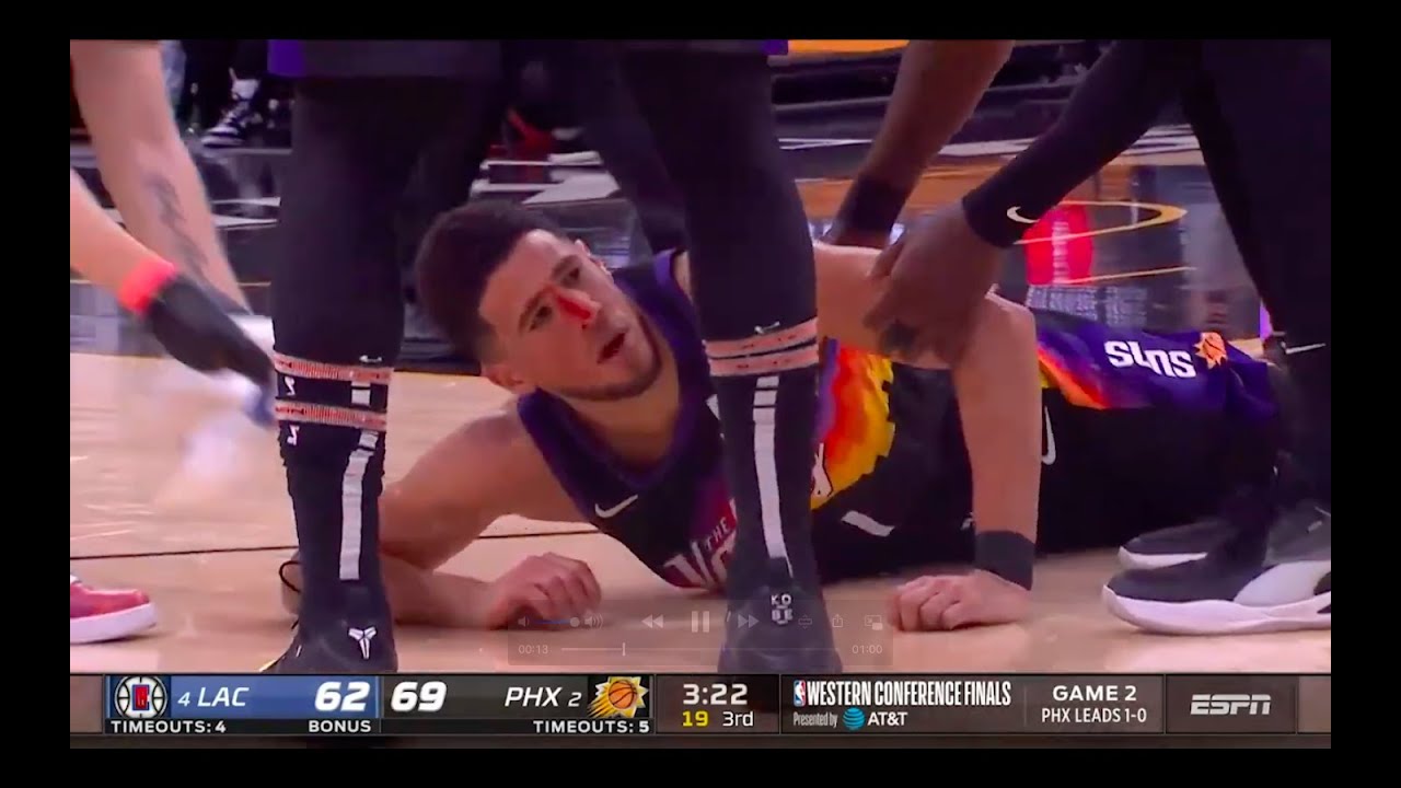 Devin Booker down FACE Split open bleeding head butt by Beverley LA ...