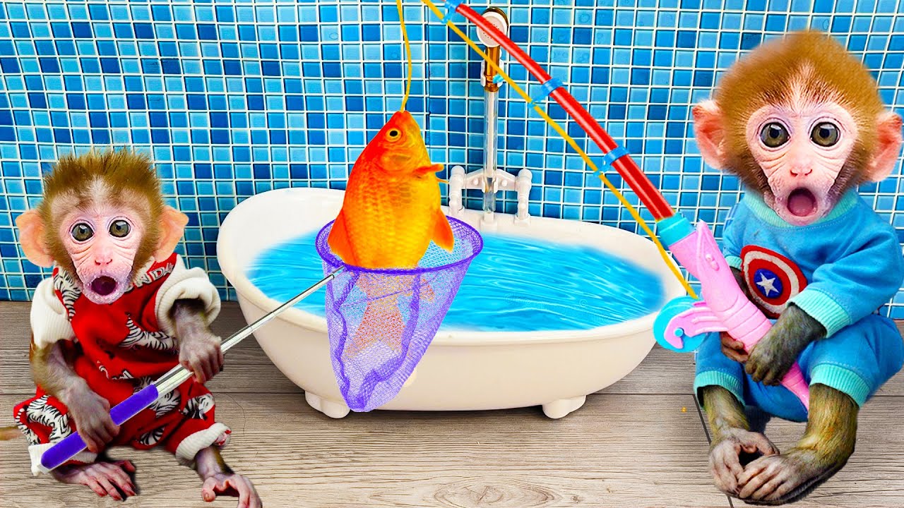 🔴Animals Home Monkey baby Bi Bon fishing in the magic bath and takes ...