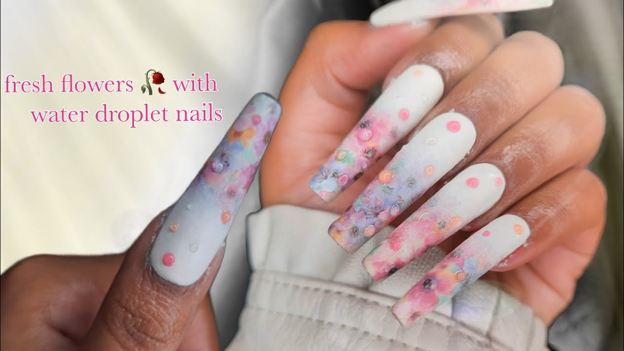 matte roses flower & water droplet nails | polygel & nail foils | ASMR ...