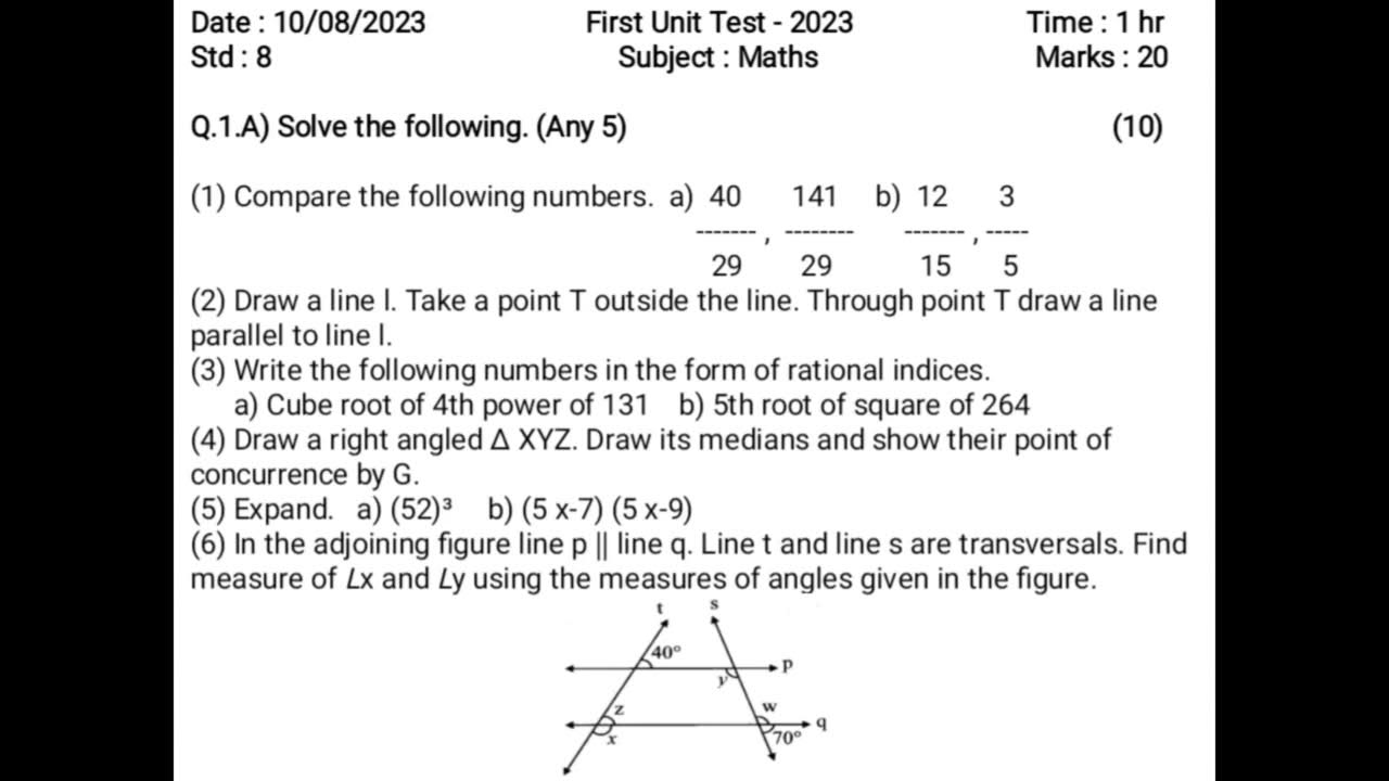 Class 8 Maths Question Paper First Unit Test 2023 class-8-maths-question-paper-first-unit-test-2023