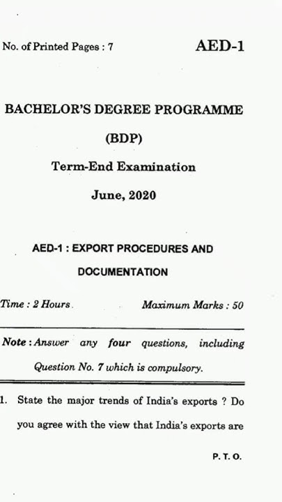 IGNOU AED-1 June 2020 | Export Procedures & Documentation Previous Year Question Paper - YouTube