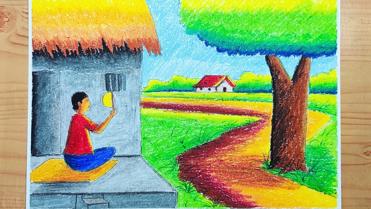 How to draw a scene of summer season ||Village life ||Easy drawing ...