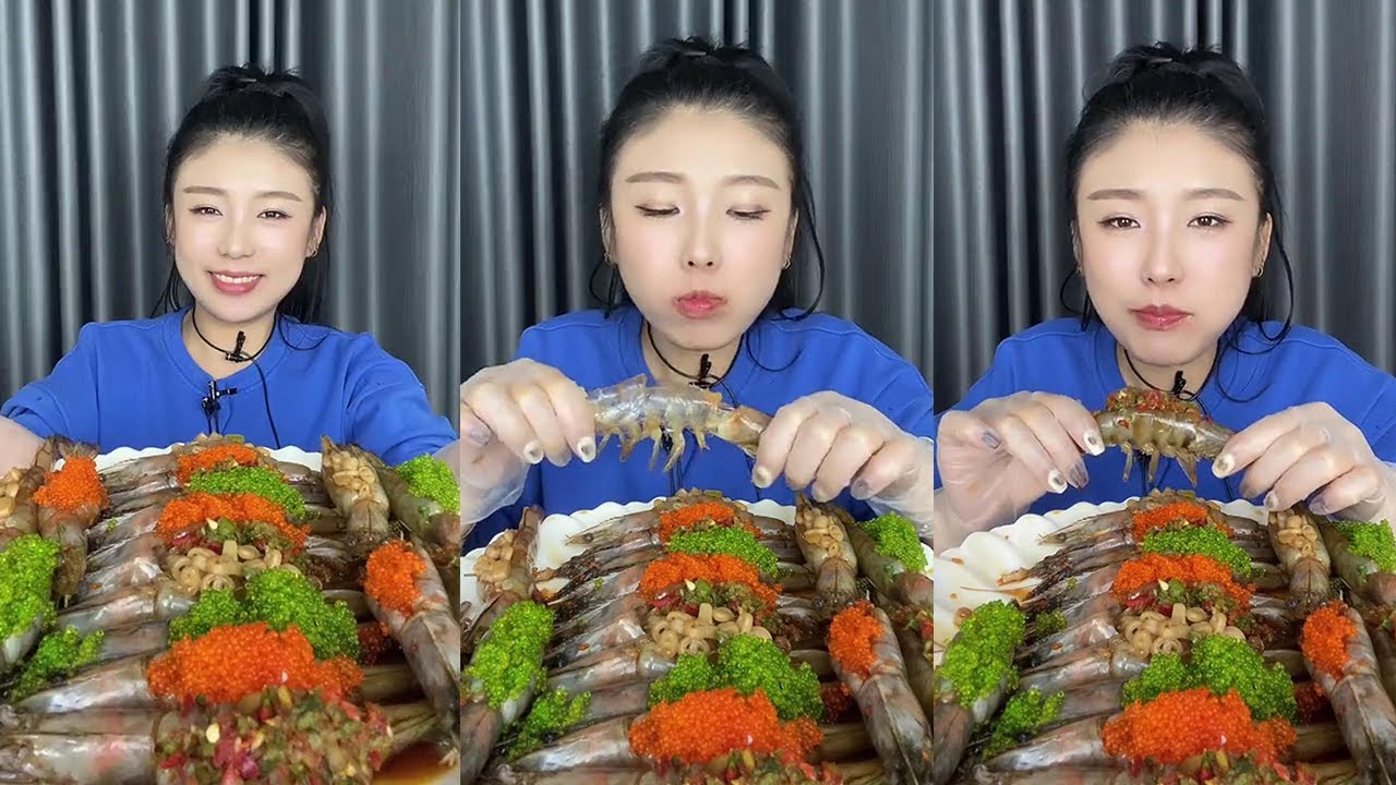 【XueYan Mukbang】#해산물 Fish roe stuffed shrimp🐟🐟🦐🦐#Seafood#sashimi# ...