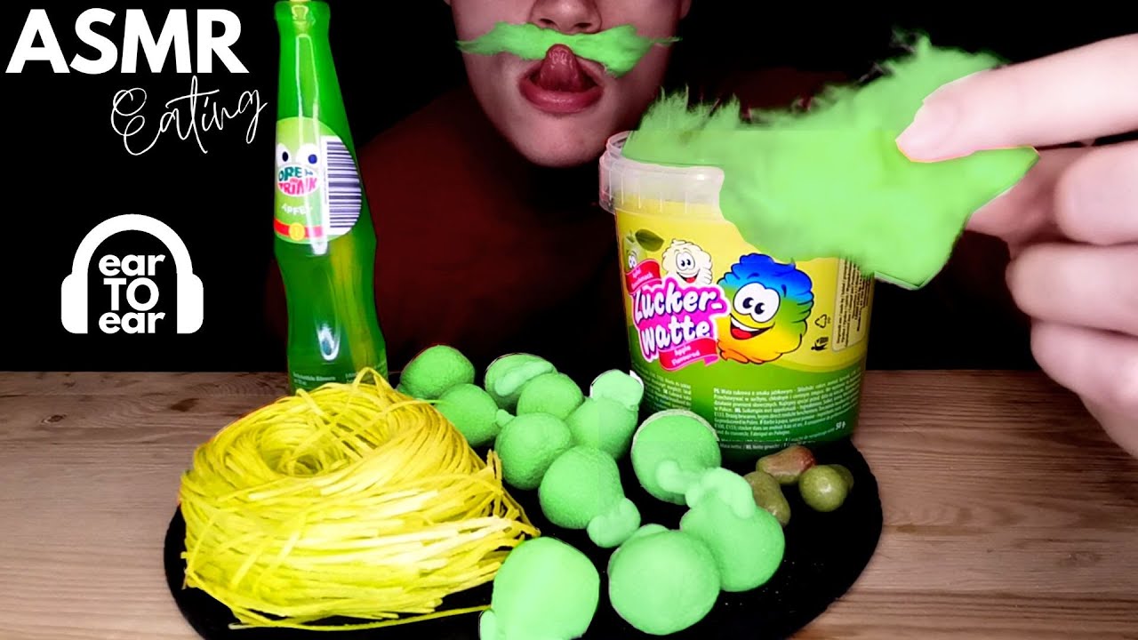 ASMR Eating Green Food Candy: Edible Gras, Cotton & Marshmallows ...