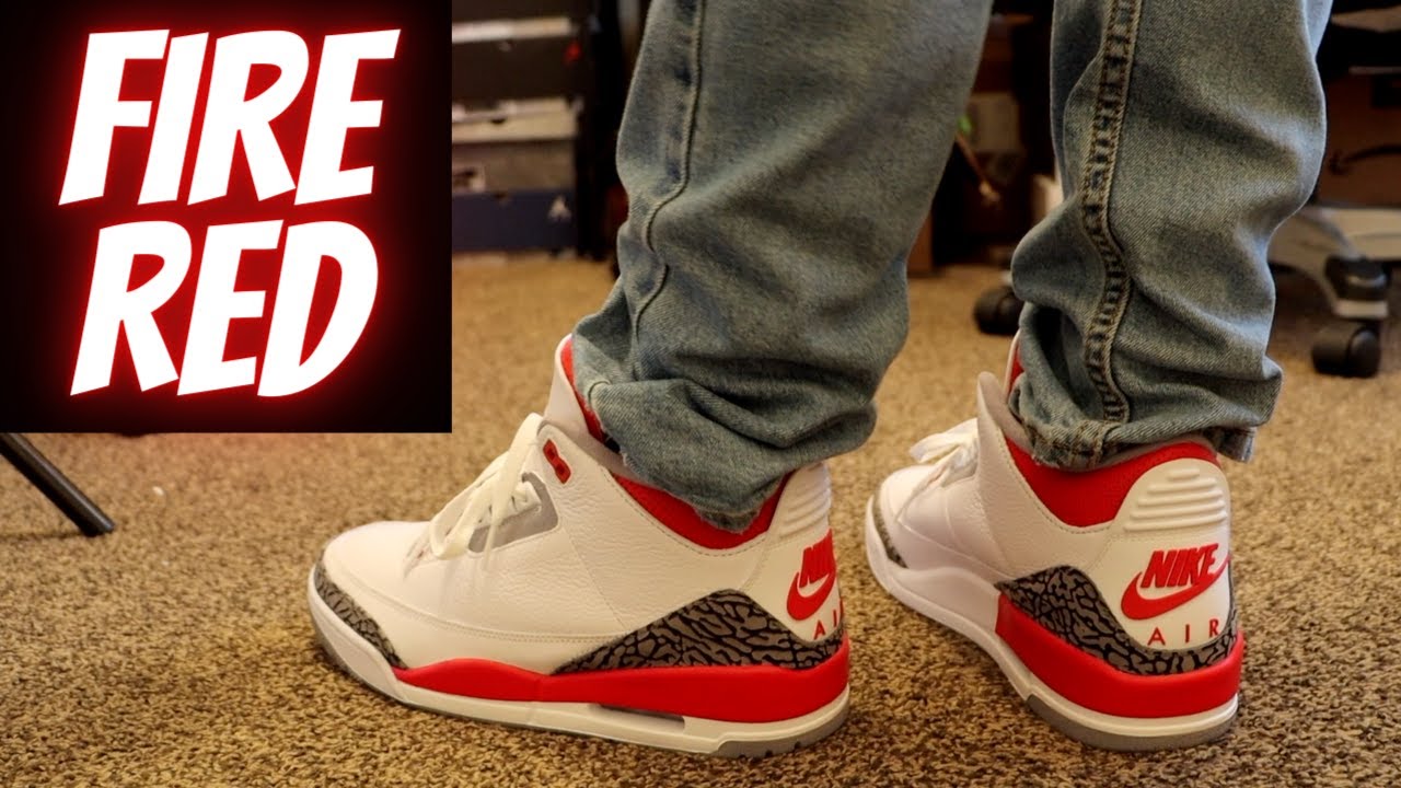 Jordans 3 Fire Red On Feet