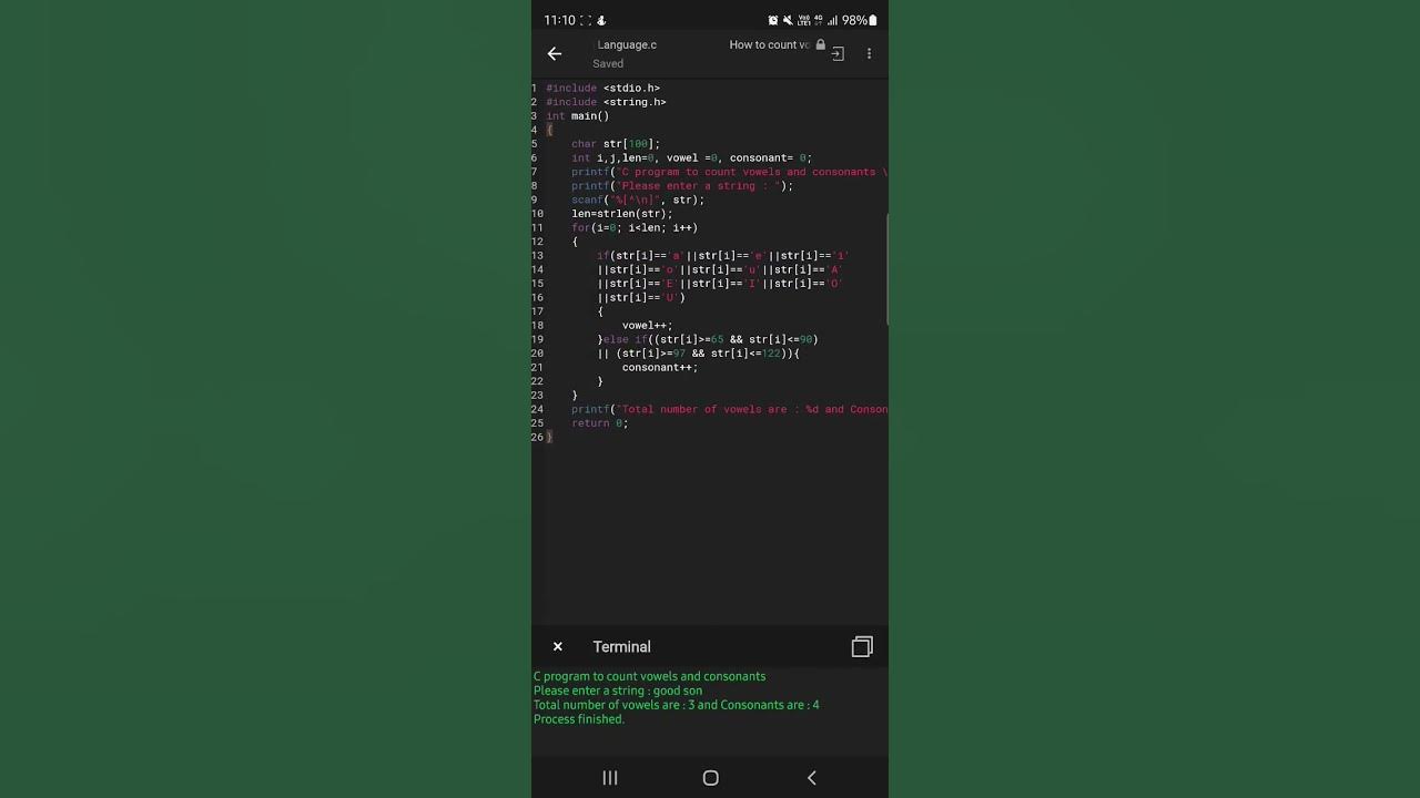 C program to count vowel and consonant in string - YouTube