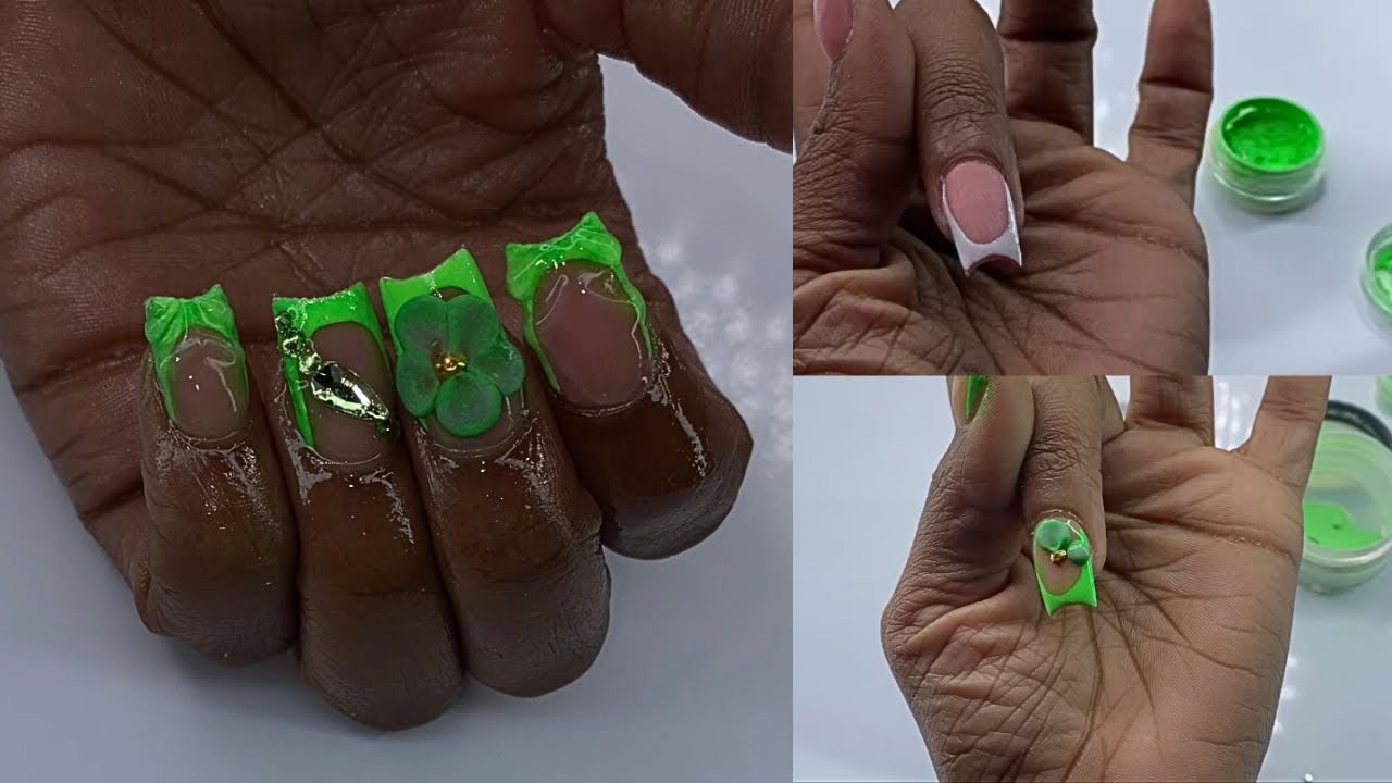 Short Acrylic French Tips + 3D Flower Spring Nail Tutorial Green Nails - YouTube