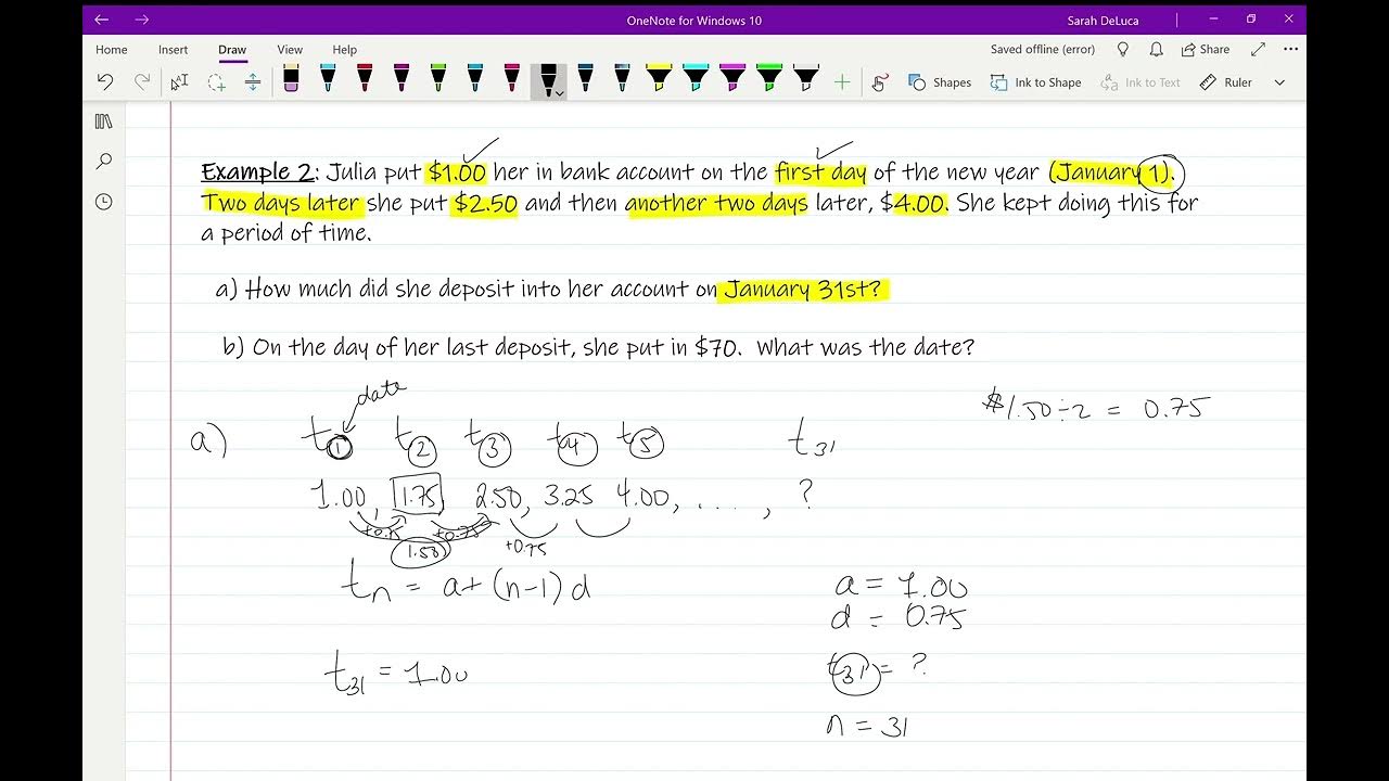 Arithmetic Sequence Word Problem Making Deposits - YouTube
