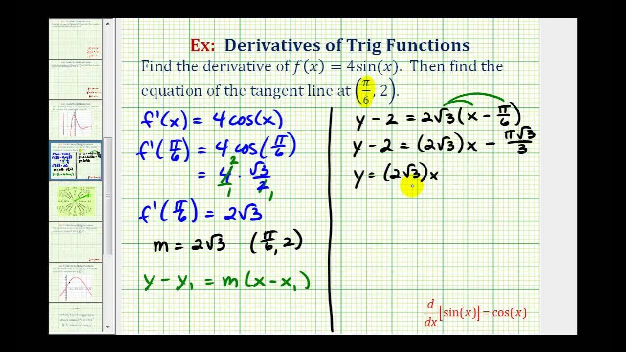 Ex: Find the Derivative and Equation of Tangent Line for a Basic Trig ...
