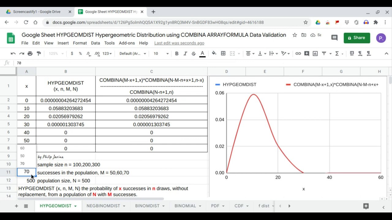 Google Sheets HYPGEOMDIST Hypergeometric Distribution using COMBINA ARRAYFORMULA Data Validation ...
