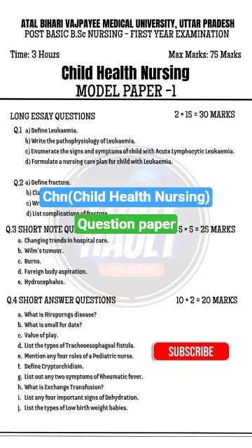 Chn/Child Health Nursing Question Paper/Post Basic bsc Nursing 1st Year ...