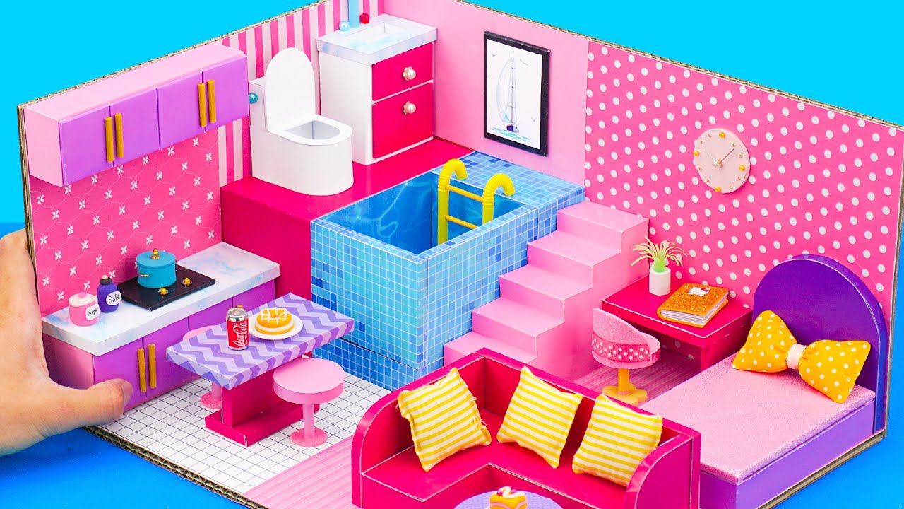 DIY Miniature House #41 Recycle Cardboard to Make a Purple & Pink House ...